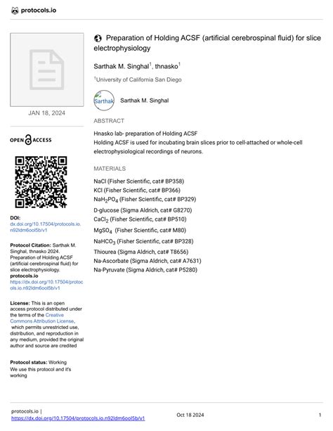 Pdf Preparation Of Holding Acsf Artificial Cerebrospinal Fluid For Slice Electrophysiology V1