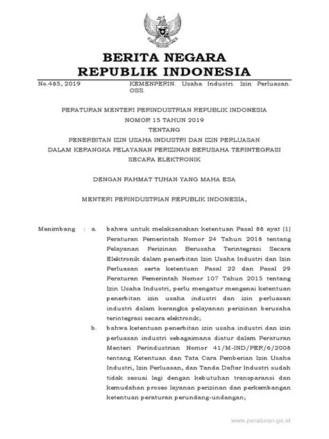 Peraturan Menteri Perindustrian Nomor 15 Tahun 2019 Pdf