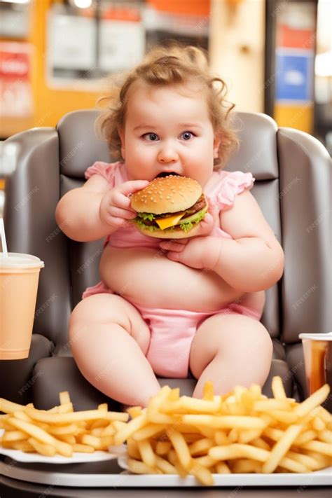 Garçon Fille Obèse Mangeant Fast Food Hamburger Frites Illustration De