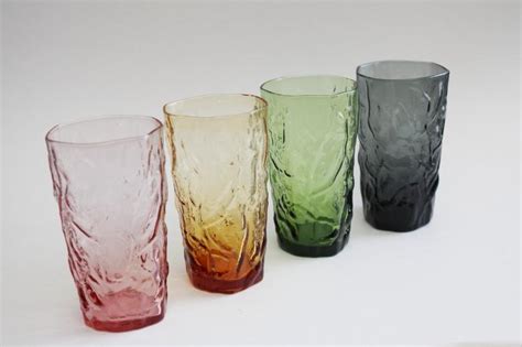 Mod Vintage Crinkle Textured Glass Tumblers Drinking Glasses Rainbow