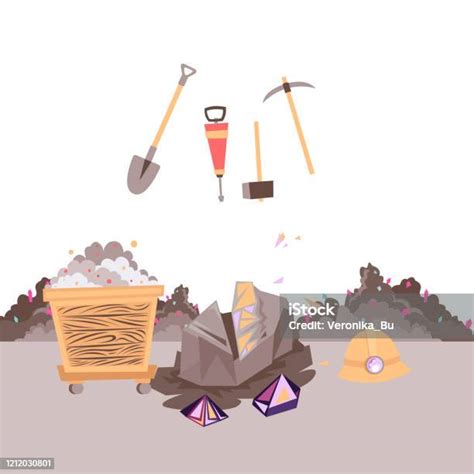 광산 광물 색상 세트 광부 장비 트롤리 미네랄 및 도구 벡터 일러스트레이션 가공의 인물에 대한 스톡 벡터 아트 및 기타 이미지 가공의 인물 개체 그룹 결정체 Istock