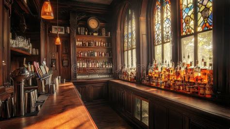 A Rustic Bar Interior With A Wooden Countertop Glass Bottles And Stained Glass Windows Stock