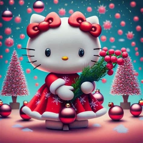 A Hello Kitty Christmas Scene With Ornaments And Trees