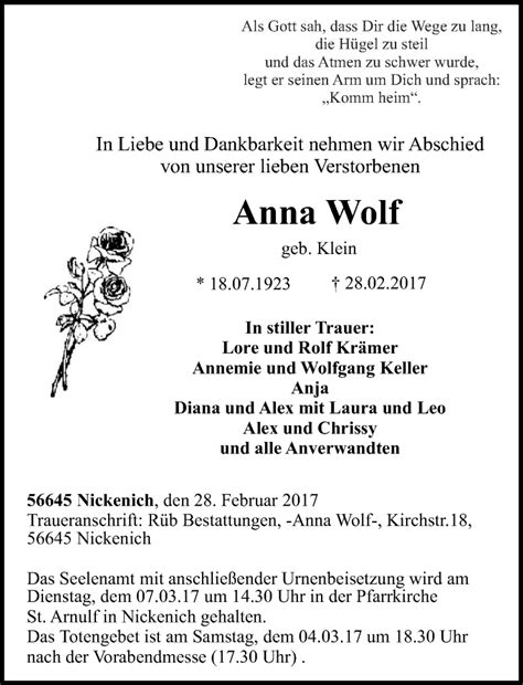 Traueranzeigen Von Anna Wolf Rz Trauer De