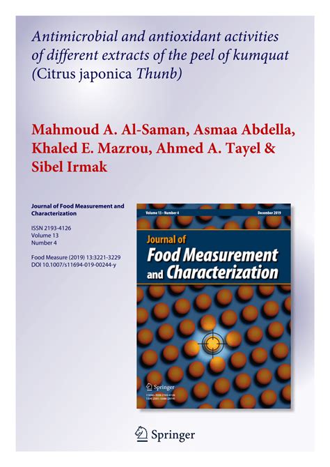 Pdf Antimicrobial And Antioxidant Activities Of Different Extracts Of Kumquat Citrus Japonica