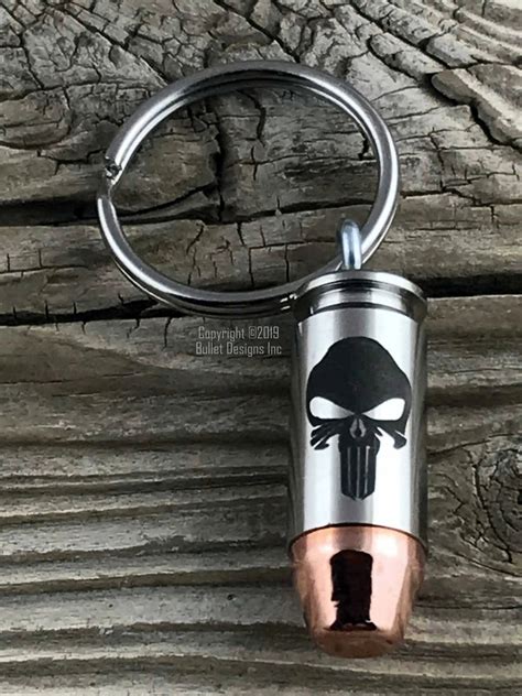 Skull Engraved Bullet Keychain Punisher Skull Bullet Designs® Inc