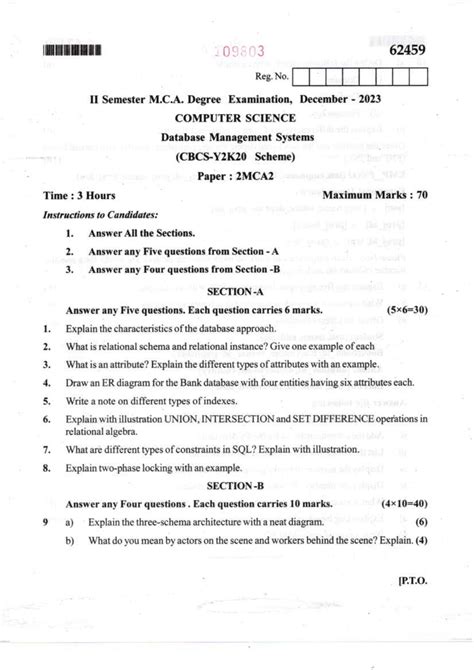 Data Base Management System 09803 62459 Reg No Ii Semester Mc Degree Examination December