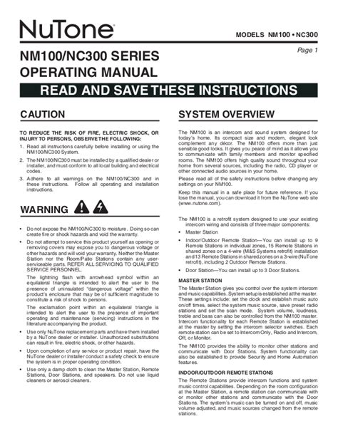 Nutone Nm100 Nc300 User Manual