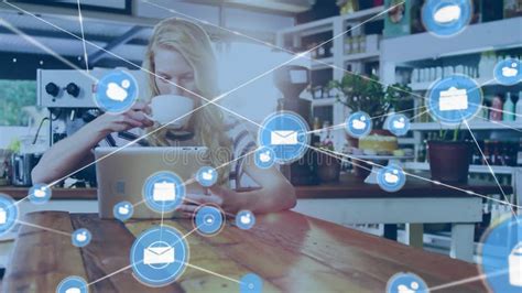 Animation Of Network Of Connections With Mail Icons Over Caucasian Woman With Tablet Stock Video