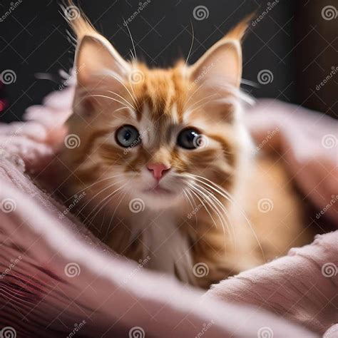 A Fluffy Orange Kitten With A Pink Nose Peeking Out From Under A
