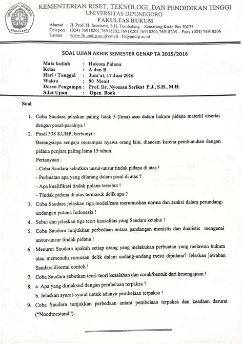 KUMPULAN SOAL UAS SEMESTER 2 TA 2015 2016 FAKULTAS HUKUM UNDIP