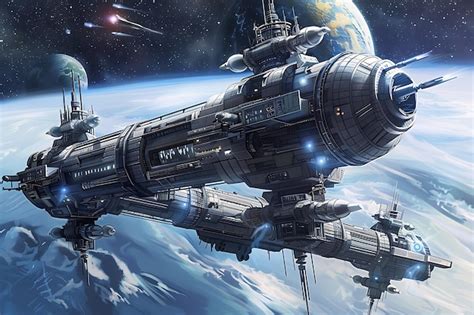 Futuristic Spaceship Orbiting A Blue Planet Premium Ai Generated Image
