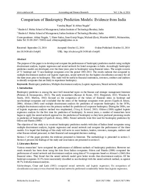 Pdf Comparison Of Bankruptcy Prediction Models Evidence From India