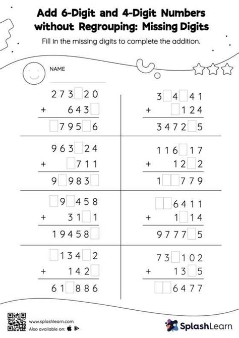 add 6 digit and 5 digit numbers with regrouping missing digits