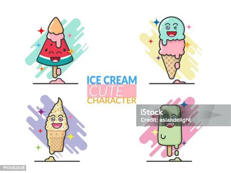 아이스크림 콘과 함께 감정 행복 한 얼굴로 백색 배경에 차이 맛 바의 크리에이 티브 귀여운 만화 세트 아이스크림을 녹아 있습니다 아이스크림 귀여운 캐릭터 그림입니다 크리에이