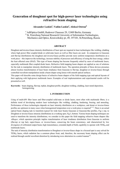 Pdf Generation Of Doughnut Spot For High Power Laser Technologies Using Refractive Beam Shaping