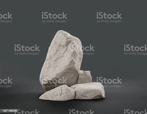 복사 공간 3d 렌더링이 있는 제품 디스플레이를 위한 평평한 회색 색상 배경의 단일 색상 흰색 바위 바위에 대한 스톡 사진 및