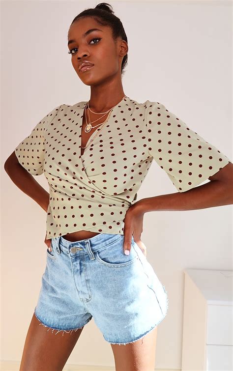 Sage Green Polka Dot Print Short Sleeve Blouse Prettylittlething Usa