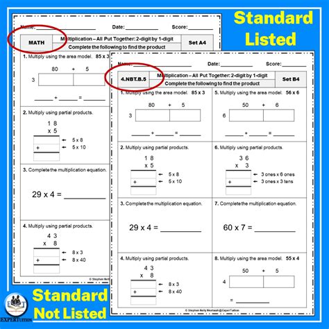 2 Digit By 1 Digit Multiplication Assessment Worksheets Area Models Partial Products Made