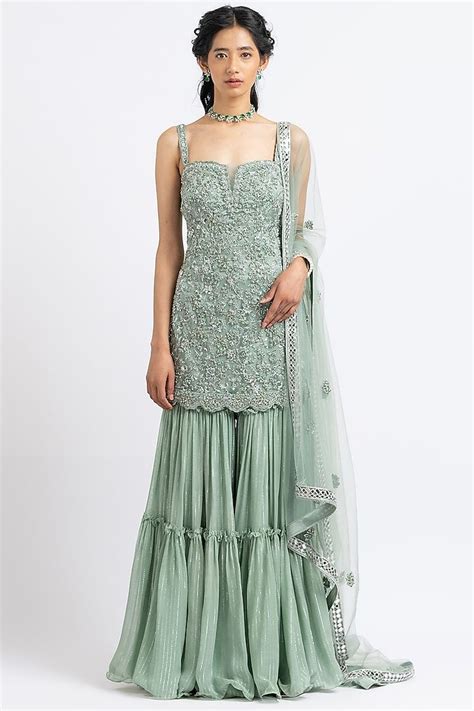 Jade Green Georgette Layered Sharara Set By Nitika Gujral At Pernias
