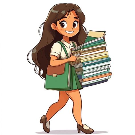 Cartoon Girl Holding Stack Of Books Isolated On White Premium Ai