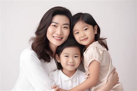 Una madre y sus dos hijos abrazándose y sonriendo Foto Premium