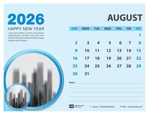 Calendario 2026 Diseño Agosto 2026 Plantilla Escritorio Calendario