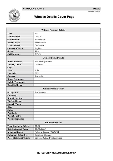 Statement Of Mr Darcy Nsw Police Force P190a Witness Details Cover