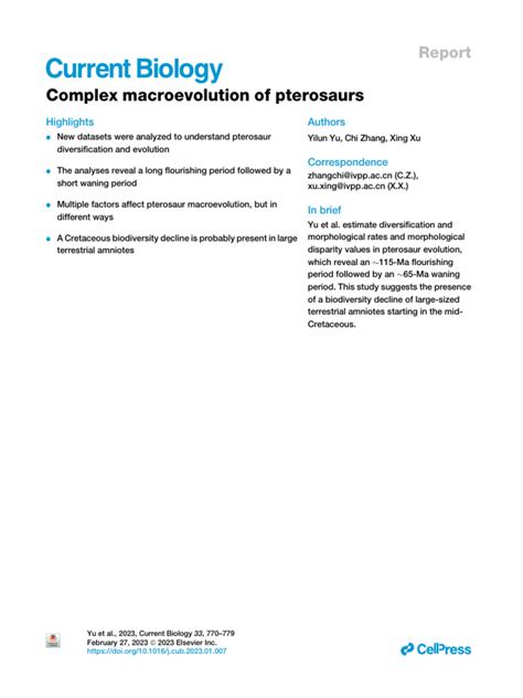 Yu 2023 Complex Macroevolution Of Pterosaurs Pdf Biodiversity