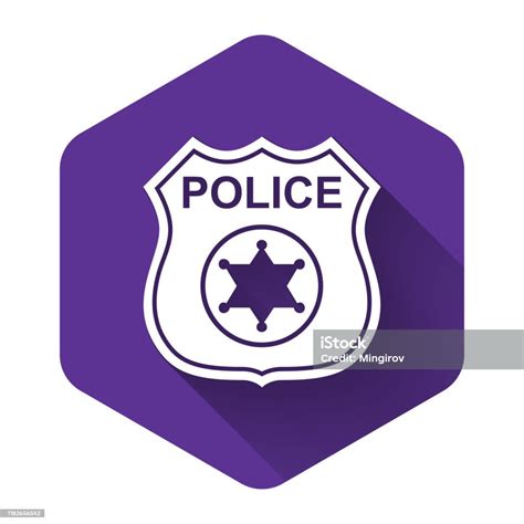 白色員警徽章圖示與長陰影隔離警長徽章標誌紫色六邊形按鈕向量插圖向量圖形及更多一個物體圖片 一個物體 保安 保護 Istock