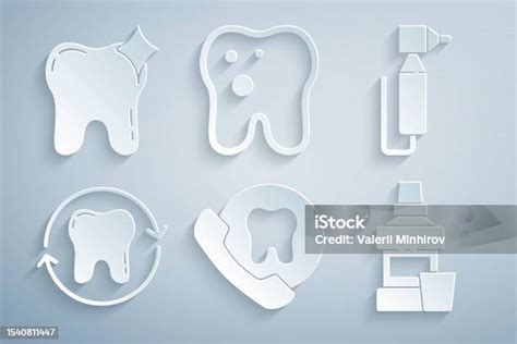 온라인 치과 치료 치아 드릴 미백 구강 세정제 병 충치 및 아이콘 설정 벡터 3차원 형태에 대한 스톡 벡터 아트 및 기타 이미지