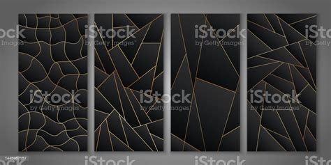 金色の線と黒い幾何学的形状を持つ抽象的な背景のベクターイラストのセット イラストレーションのベクターアート素材や画像を多数ご用意