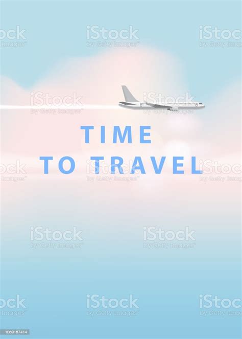 藍天背景上的飛行飛機和雲朵概念設計範本的時間旅行向量例證在動畫片樣式 橫幅 海報 查出 例證向量圖形及更多旅行圖片 Istock