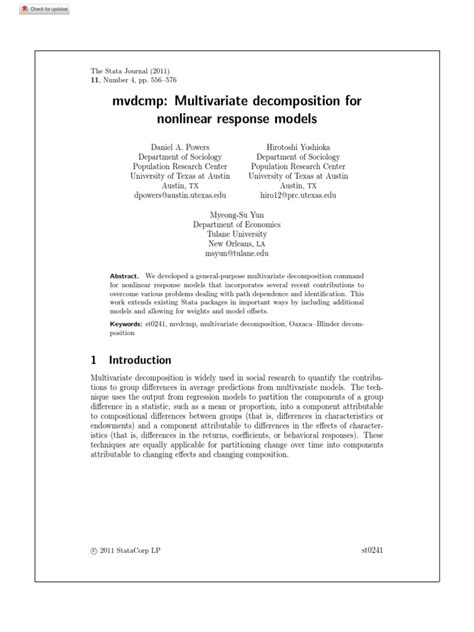Mvdcmp Multivariate Decomposition For Nonlinear Response Models Pdf Linear Regression
