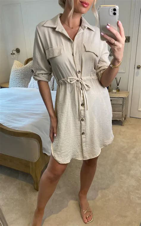 Nude Drawstring Waist Tie Mini Shirt Dress Silkfred