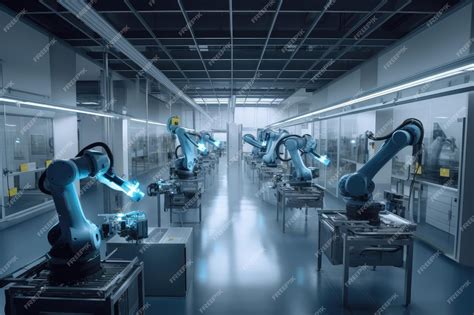 Premium Ai Image Industrial Scene Robots And Humans Collaborate In