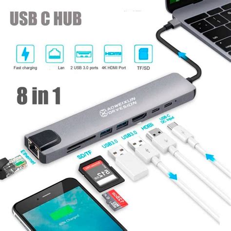 Ripley Adaptador Hub Tipo C 8 En 1 Multifucnional Con Puerto Usb 30