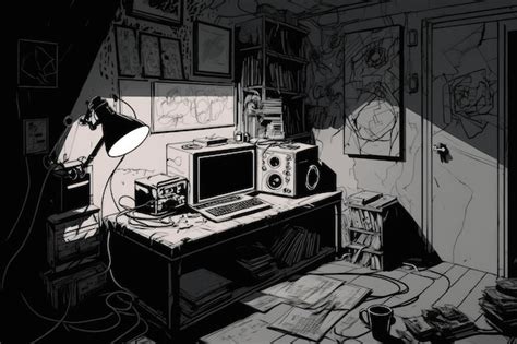 Premium Ai Image Basement Sketch With Hacker Setup And Various