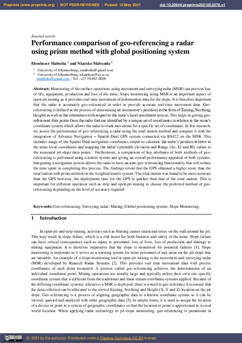 Pdf Performance Comparison Of Geo Referencing A Radar Using Prism