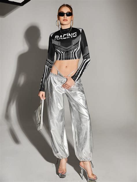 Shein Icon Bikercore Letter Graphic Mock Neck Crop Tee Shein Usa
