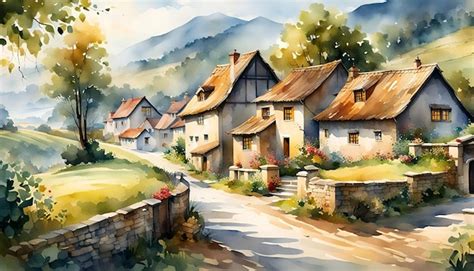 Watercolor Quiet Village In The Countryside Premium AI Generated Image