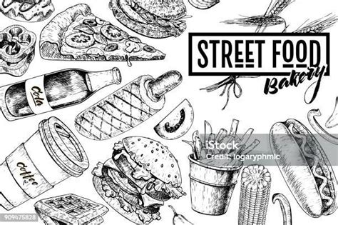 손으로 그린된 패스트 푸드 배너입니다 길거리 음식의 베이커리 햄버거 핫도그 감자 튀김 피자 커피 소 다 베이글 도넛 야채 그리고 Waffels 새겨진된 벡터 일러스트입니다