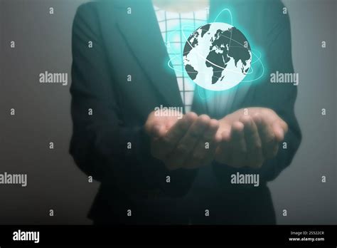 Businesswoman Using Global Network Interface In Hands Business Businesswoman Using Global