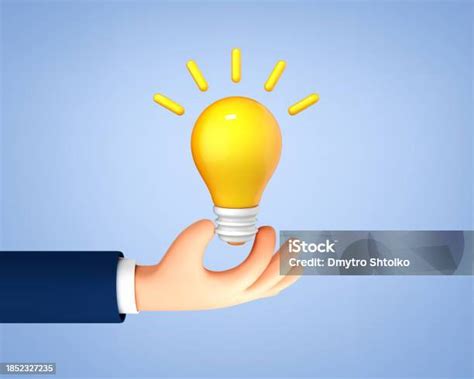 3d 만화 손은 파란색 배경에 고립 된 전구를 들고 있습니다 생각 좋은 아이디어 및 사업 성공 창조적 인 개념 벡터 일러스트 레이 션 3차원 형태에 대한 스톡 벡터 아트 및