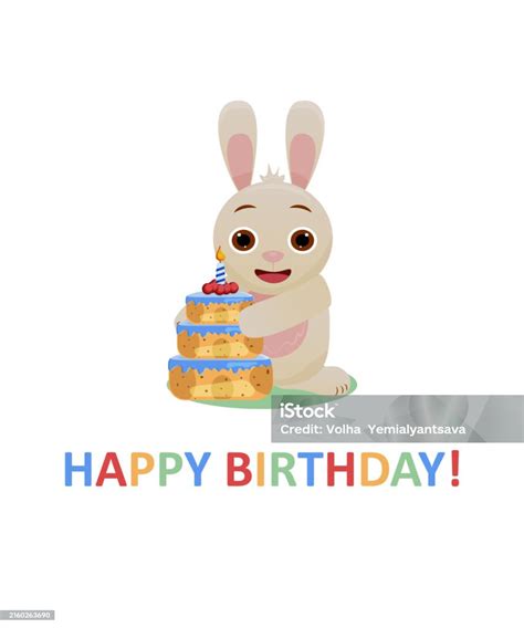 생일 축하해요 벡터 일러스트 레이 션입니다 케이크를 가진 귀여운 토끼 아이들의 귀여운 인사말 카드입니다 가공의 인물에 대한 스톡