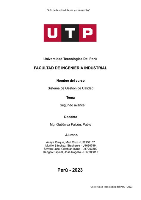 S Avance Final TRABAJO DE SISTEMA DE GESTION DE CALIDAD Universidad Tecnológica Del