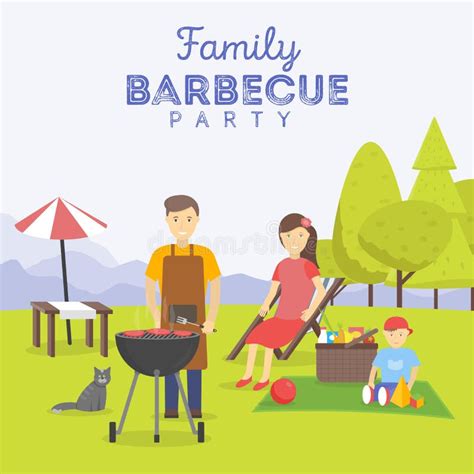 家庭野餐 Bbq党 食物和烤肉、夏天和格栅 向量例证 插画 包括有 子项 父项 主厨 父亲 母亲 72890785