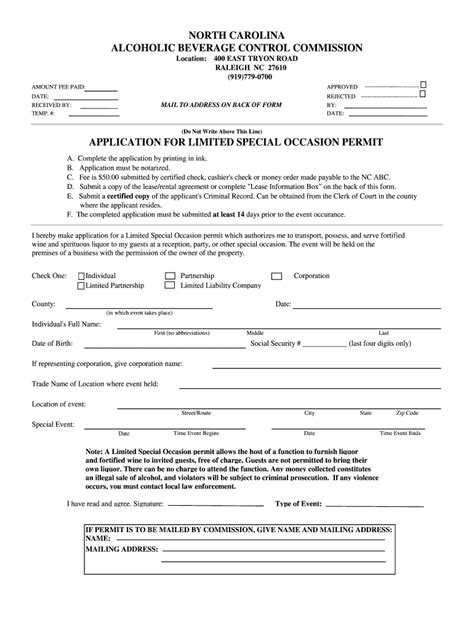 Nc Abc Commission Application For Limited Special Occasion Permit 2017
