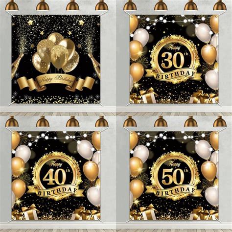 1pc Polyester Black Gold Background Happy Birthday Backdrop Banner For