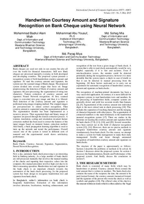 Pdf Handwritten Courtesy Amount And Signature Recognition On Bank